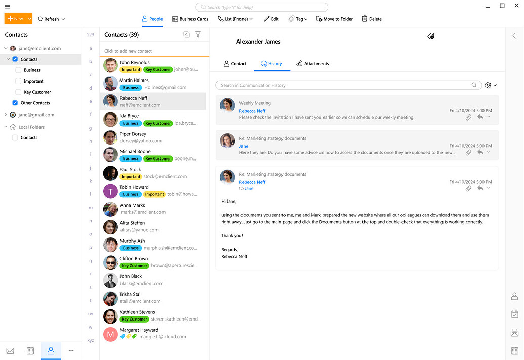 How to use History in Contact record - Contacts - eM Client