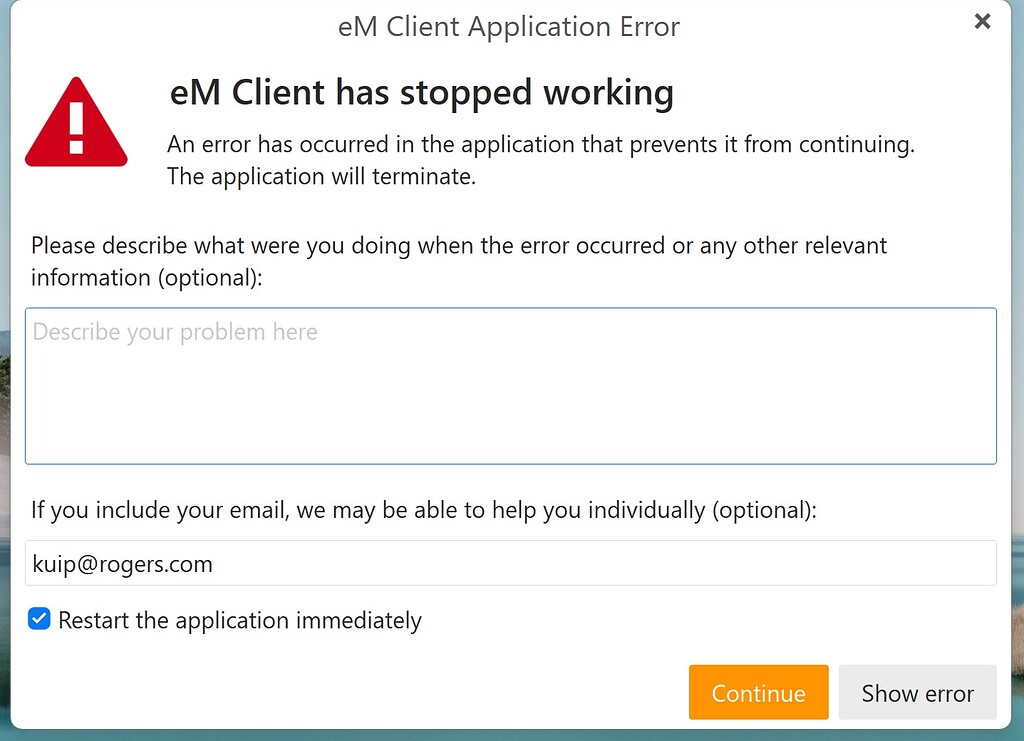 Emclient stopped continually - Crashing eM Client - eM Client