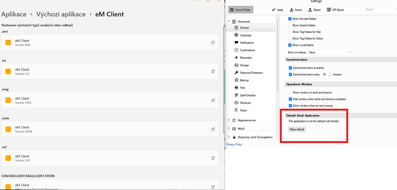 Windows 11 - making em Client default email client - eM Client