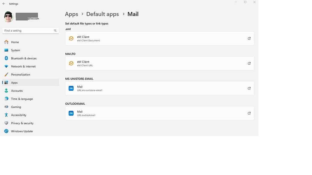 Windows 11 - making em Client default email client - eM Client