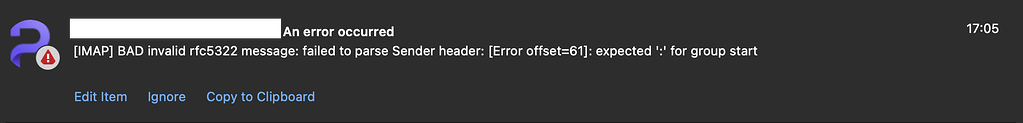 Invalid rfc5322 message: failed to parse Sender header - eM Client