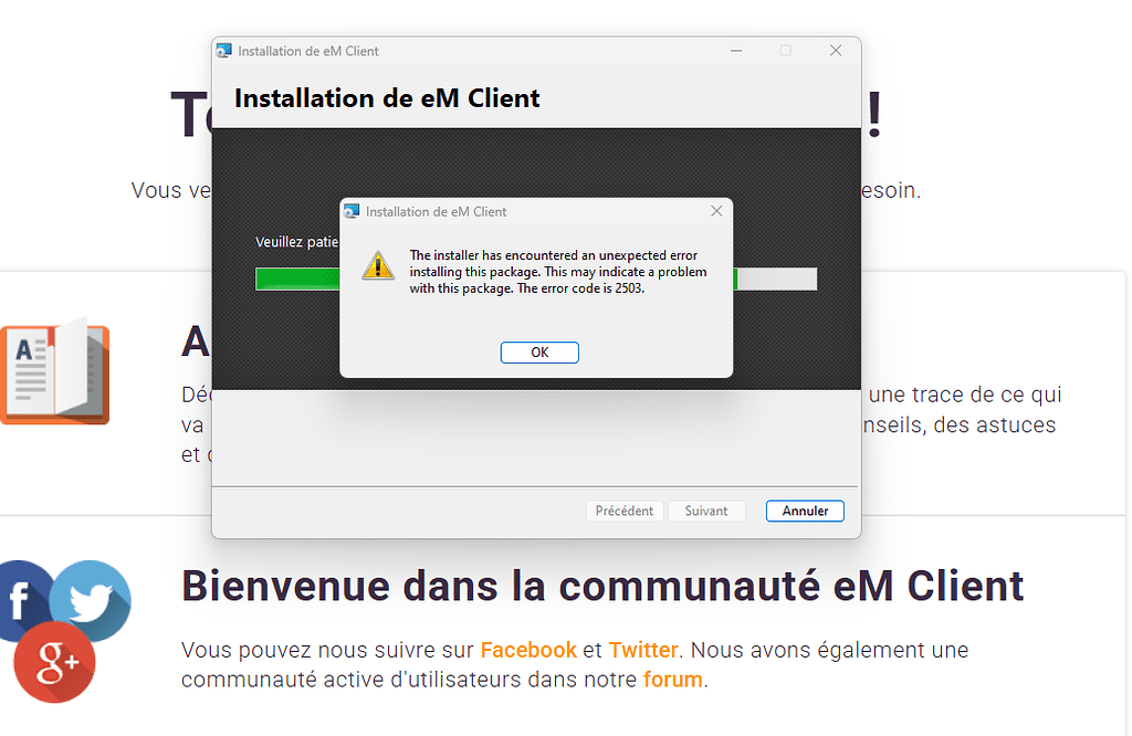 Impossible installer eMClient => error 2503 - eM Client
