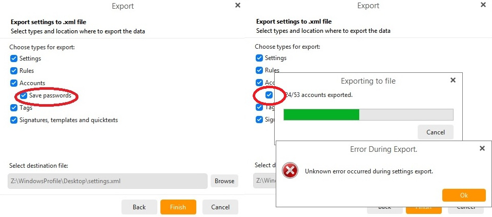 V8.0.2703 gives unknown error while exporting settings to .xml files ...