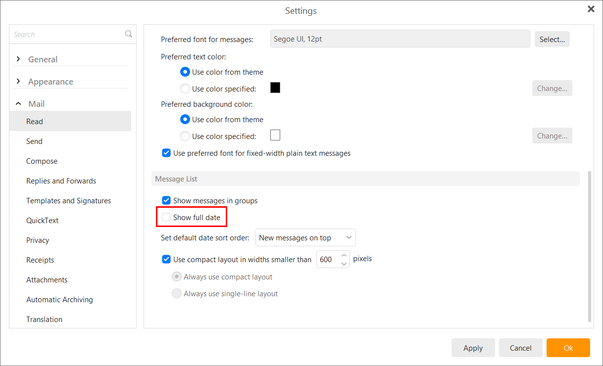 Recive/sent date showing style - eM Client
