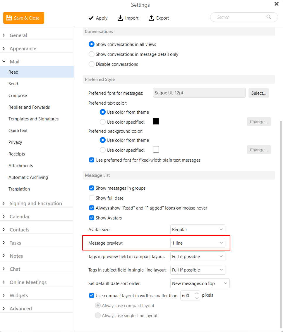 Extra lines in box that lists all messages - eM Client