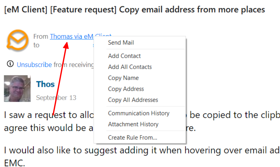 Copy email address from more places - Feature request - eM Client